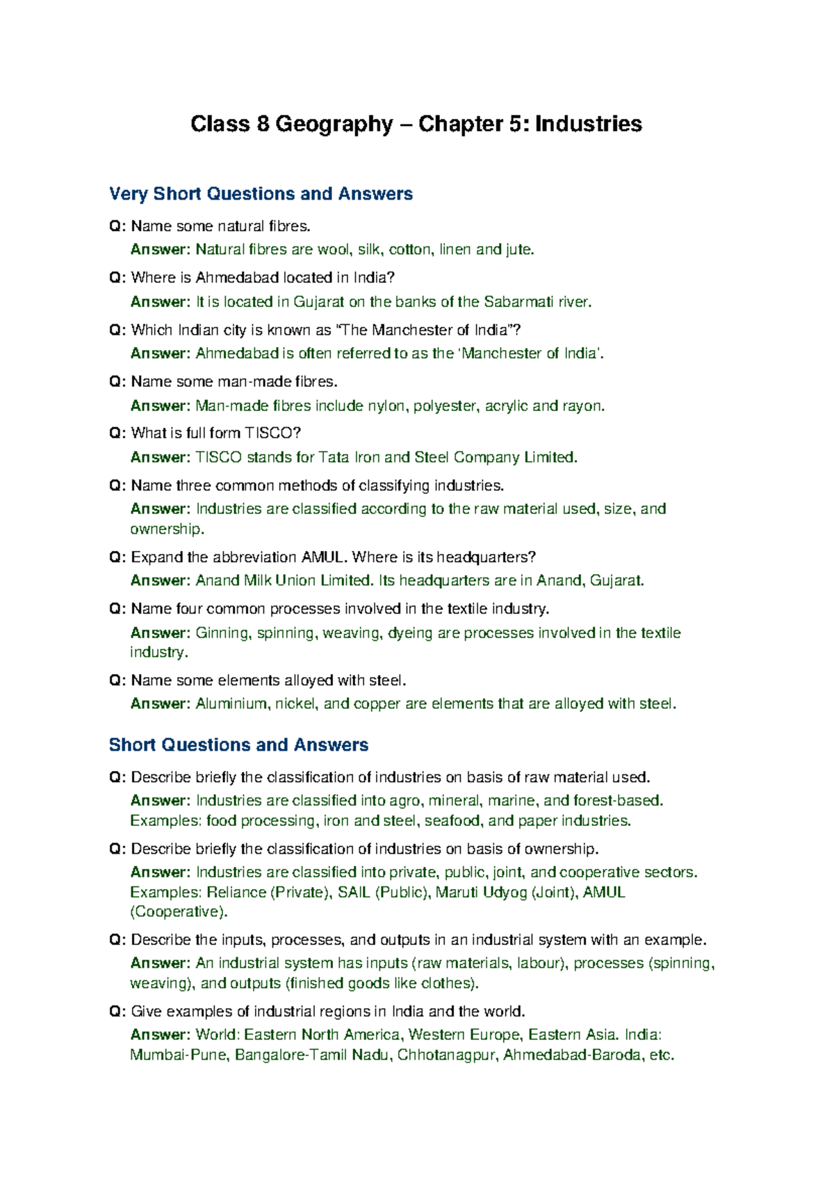 Class 8 Geography Chapter 5: Industries Study Notes and Q&A - Studocu