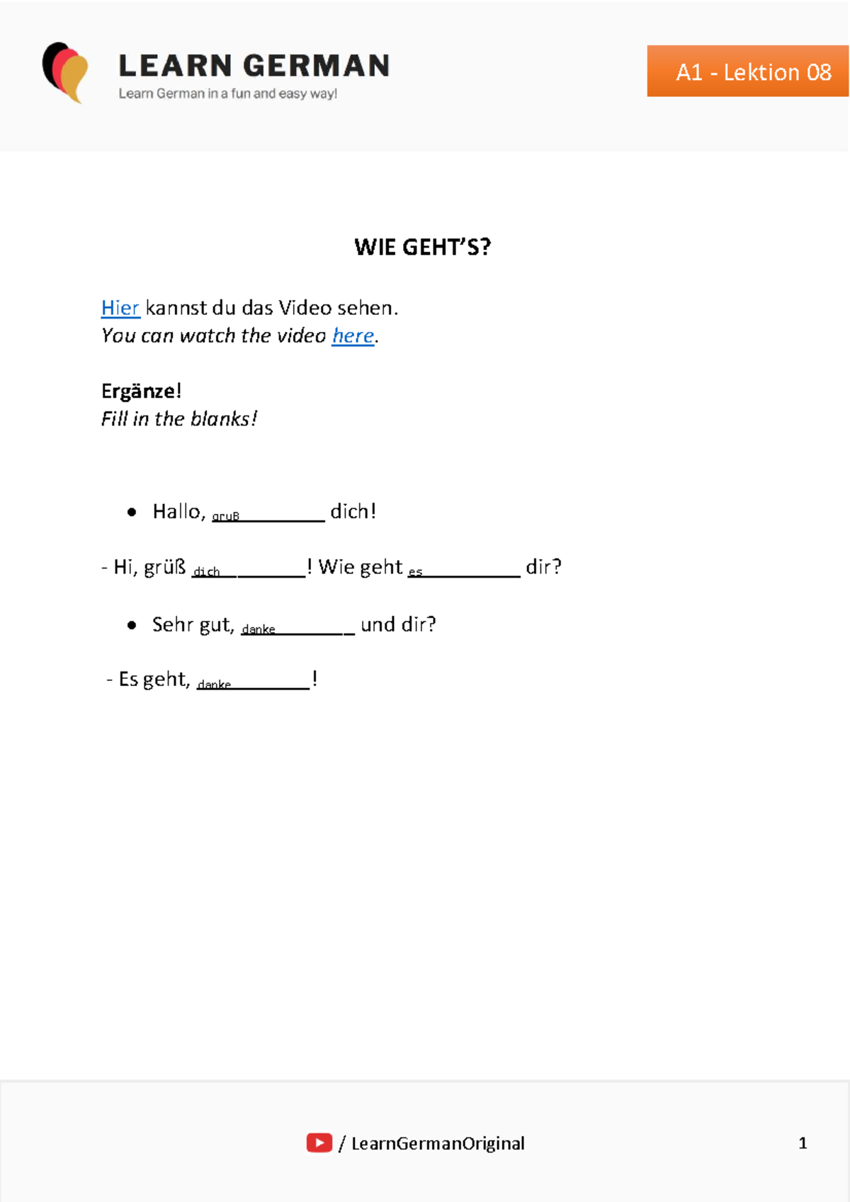 A1 - Lesson 8 - How are you - german - 1 A1 - Lektion 08 ...