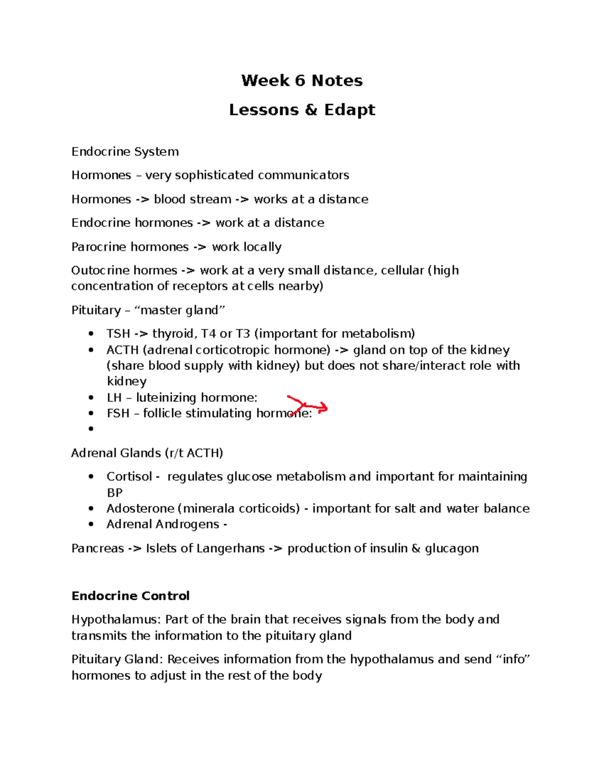 Endocrine System Overview: Week 6 Lecture Notes & Edapt Insights - Studocu