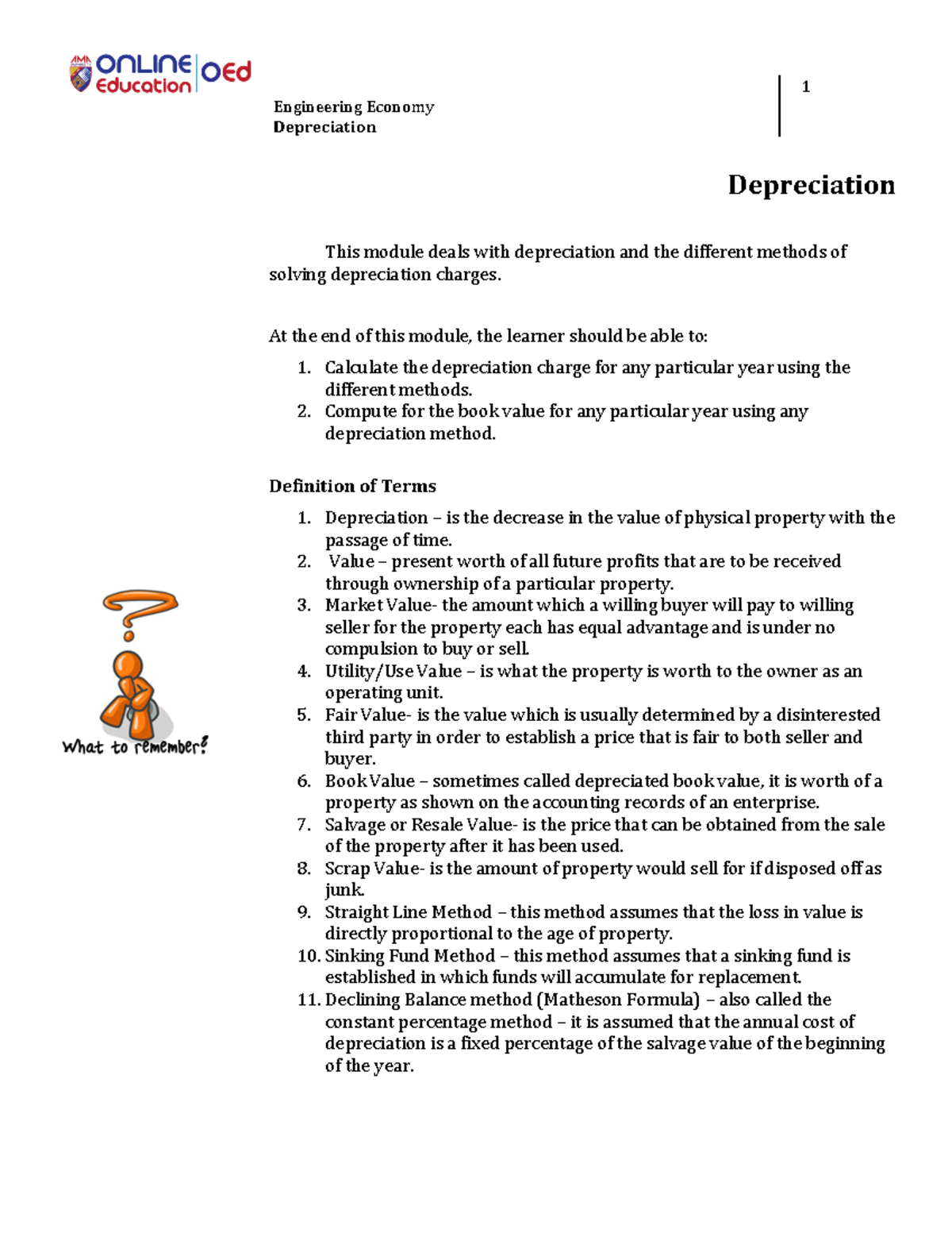 W9 - Lesson 7 Depreciation - Module - Engineering Economy Depreciation ...