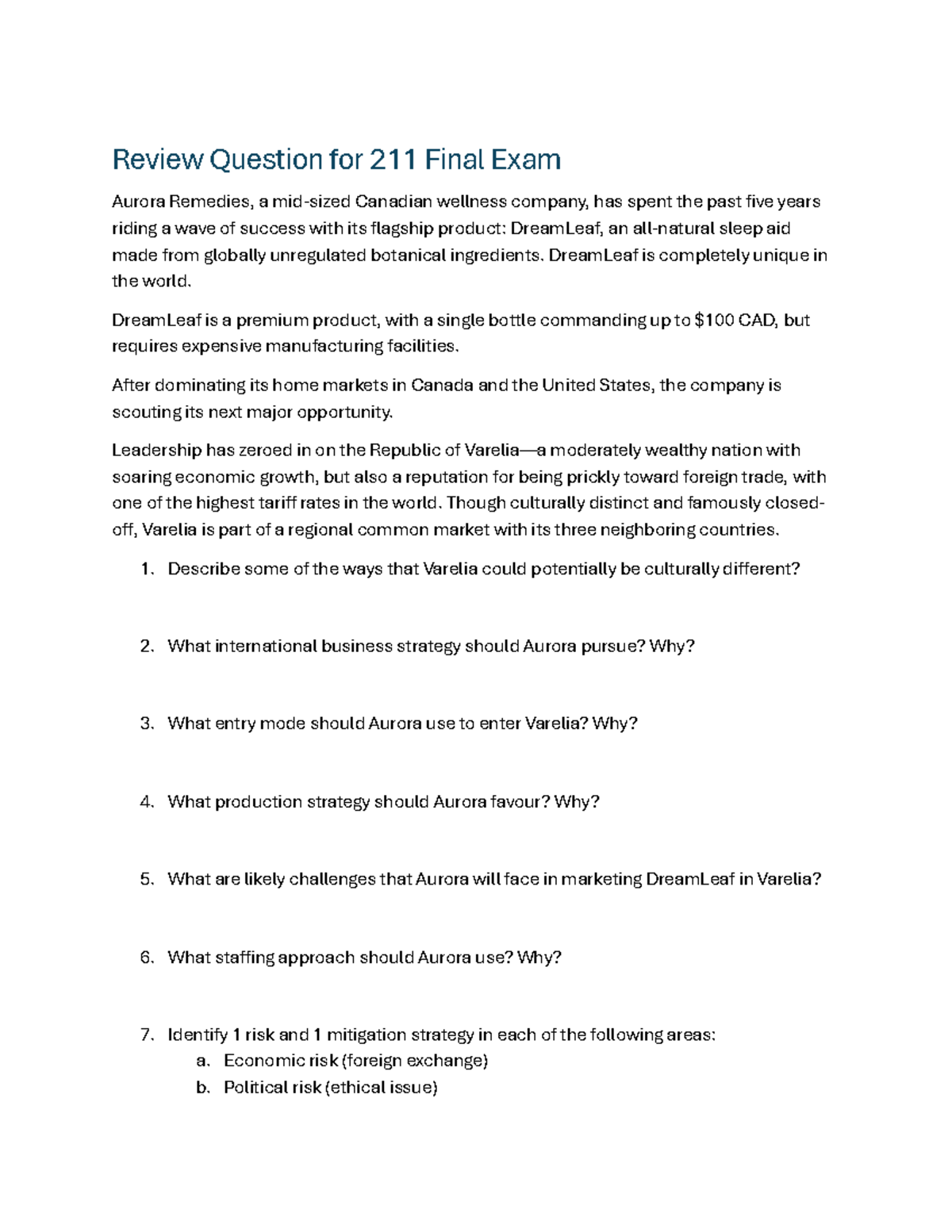Review Questions for 211 Final Exam: Aurora Remedies Case Study - Studocu