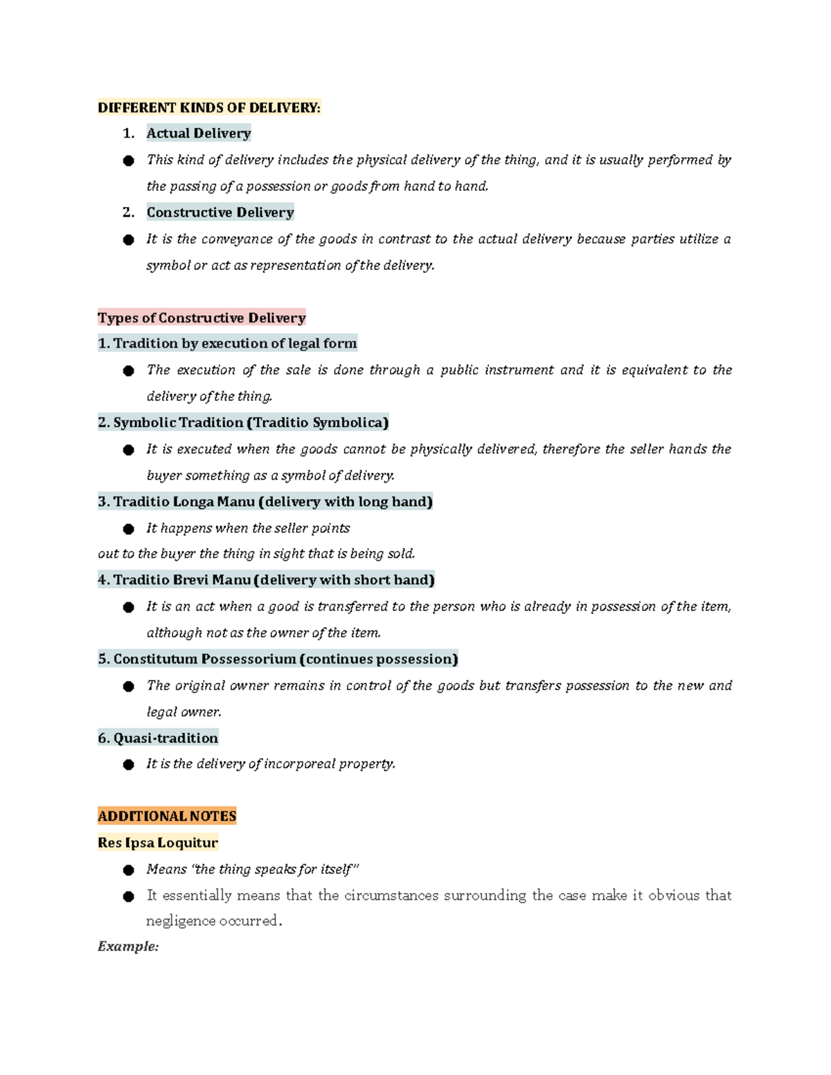 Oblicon Chapter Notes: Types of Delivery & Res Ipsa Loquitur - Studocu