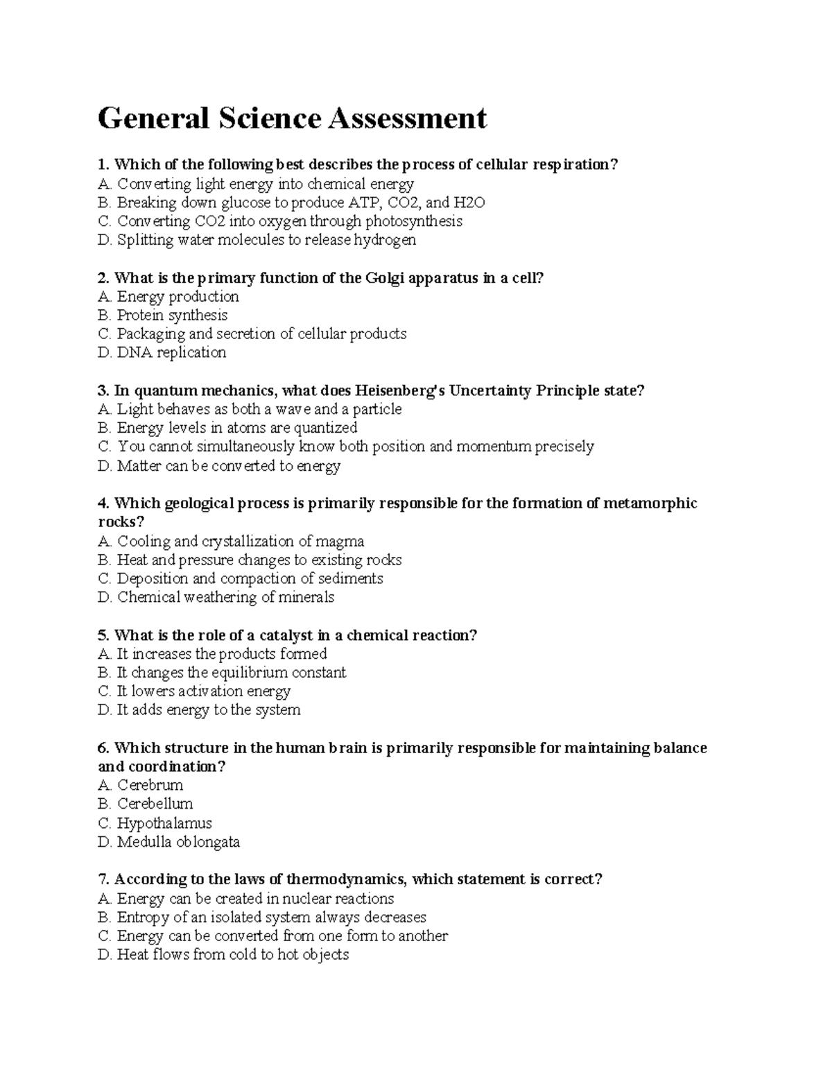 General Science Assessment - General Science Assessment Which of the ...