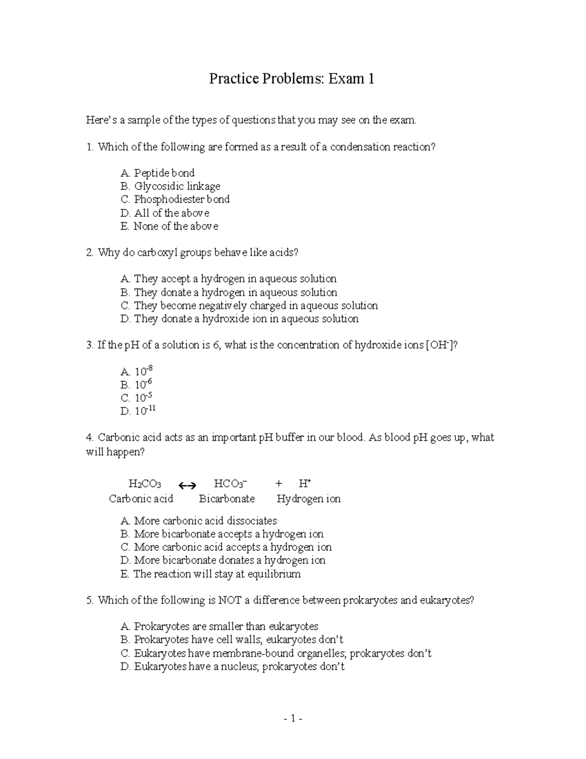 Biology Practice Problems for Exam 1: Key Concepts & Questions - Studocu