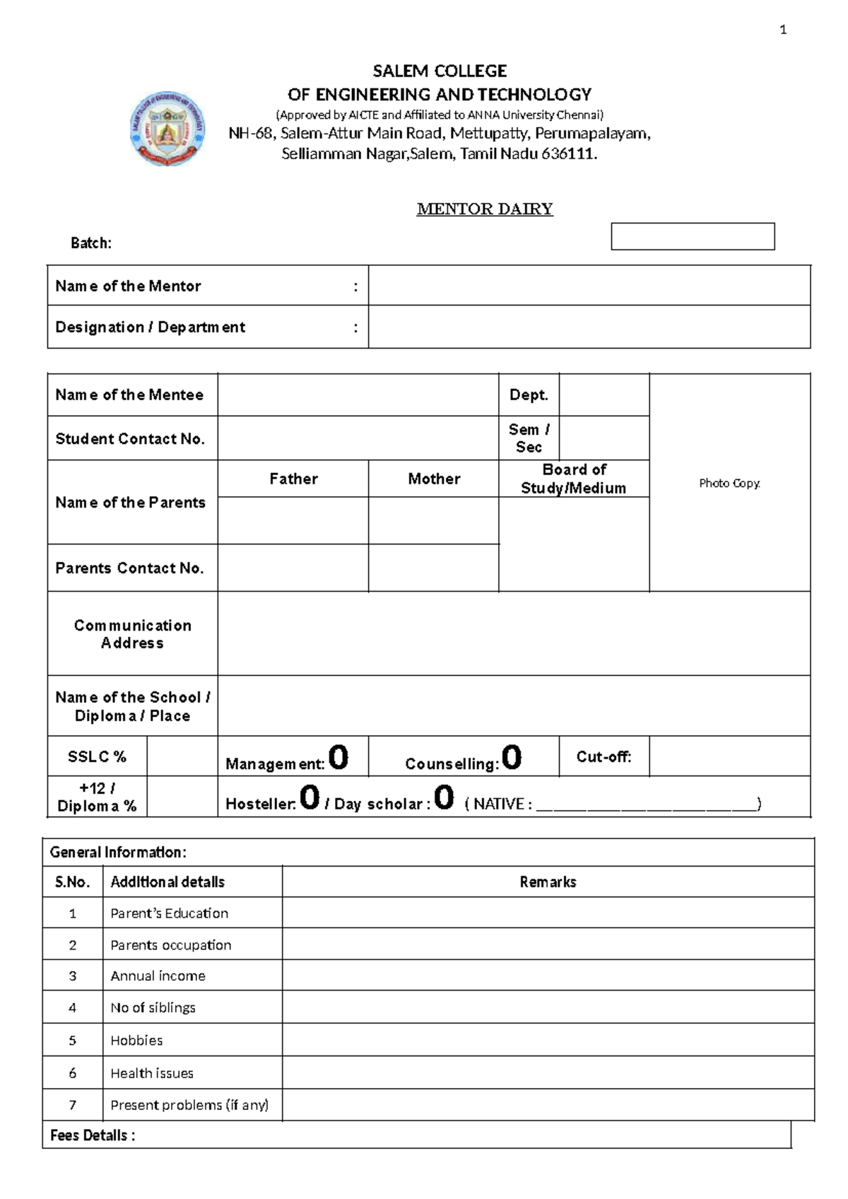 Mentor Diary - Salem College of Engineering & Tech (Soft Copy) - Studocu