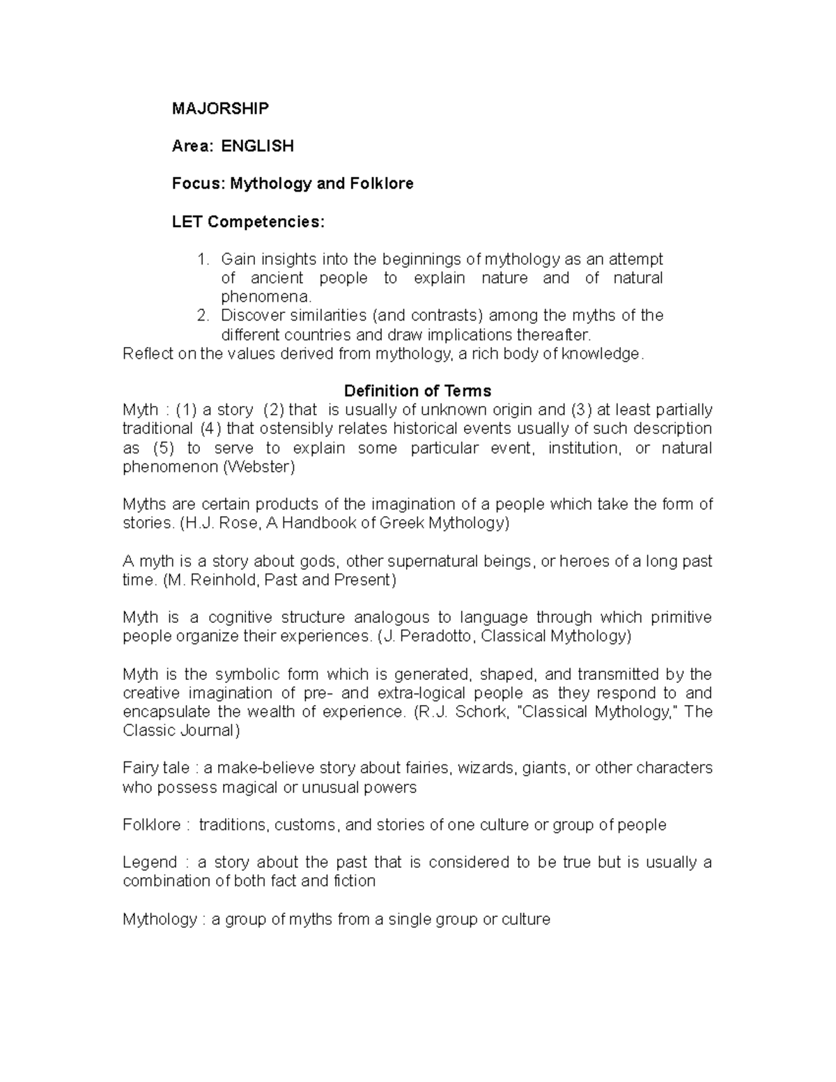 ENGLISH 11 - LET Mythology and Folklore Study Notes - Studocu