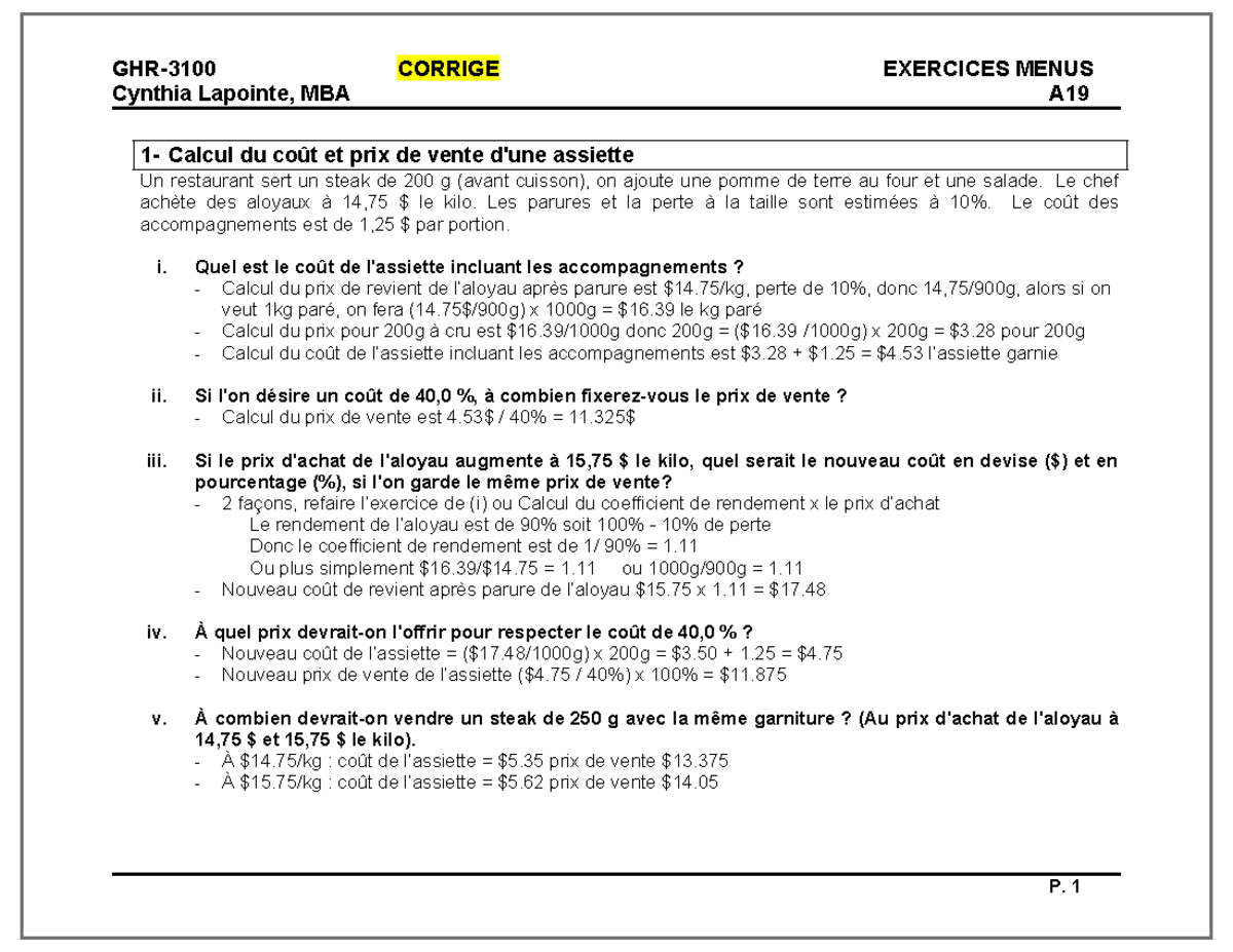 Exercices Complementaires COÛTS (Révision - solutionnaire) - Cynthia ...