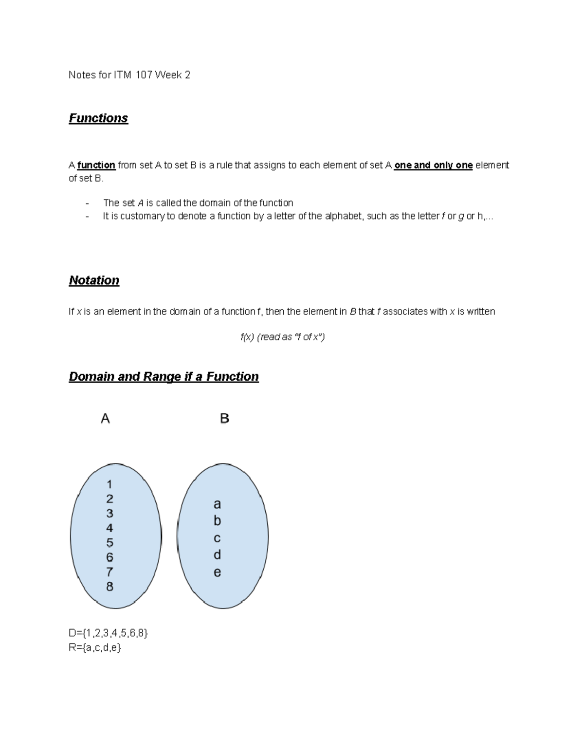 ITM 107 Week 2 - Lecture 2 Notes - Notes for ITM 107 Week 2 Functions A ...