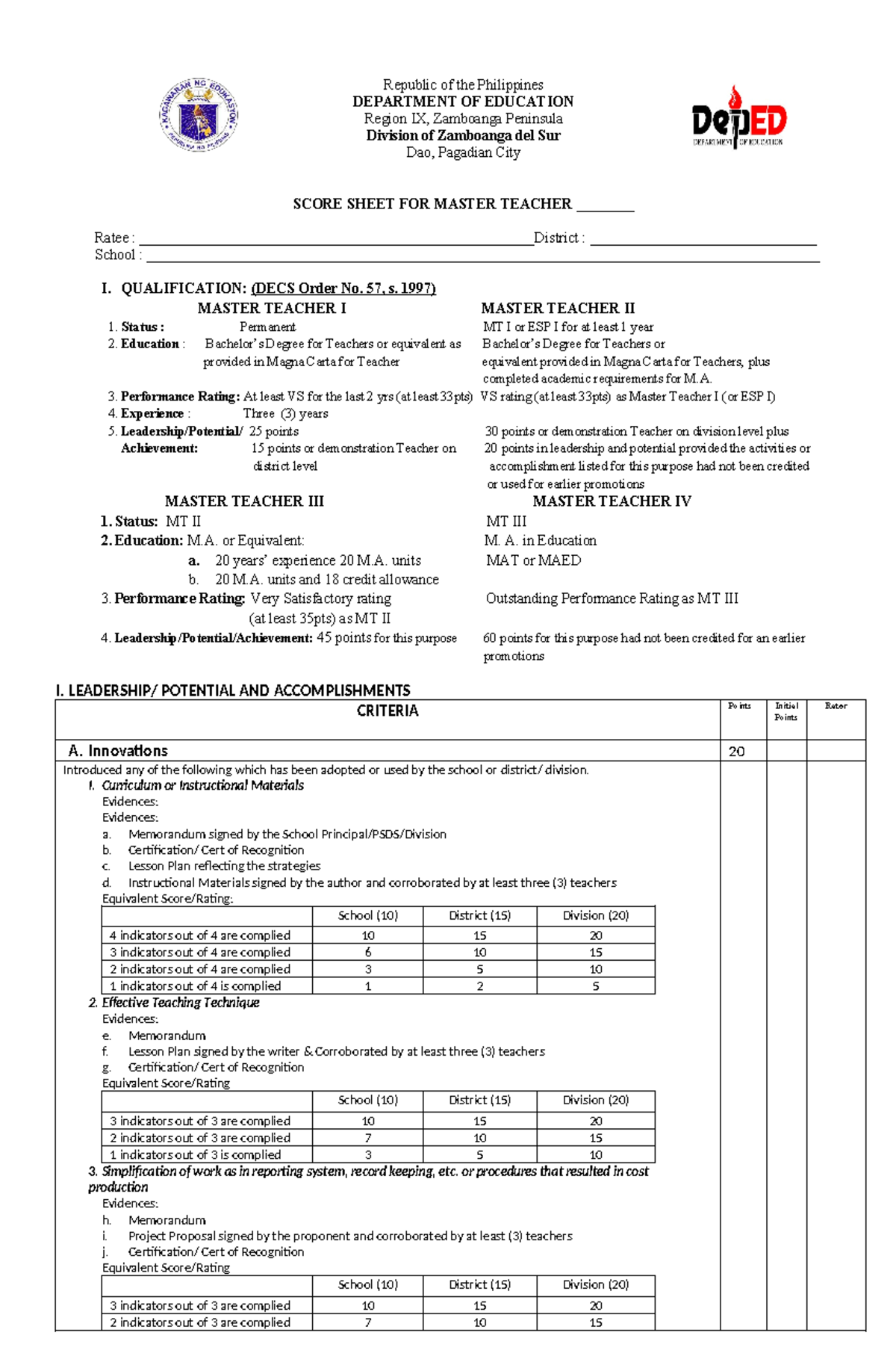MT Score Sheet for Master Teacher Evaluation 2021 - Studocu