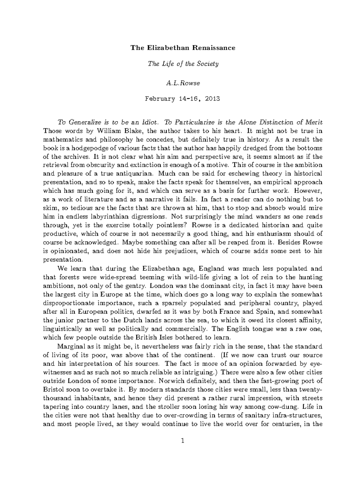 ELH 201: The Elizabethan Society - A Critical Analysis of A.L. Rowse ...