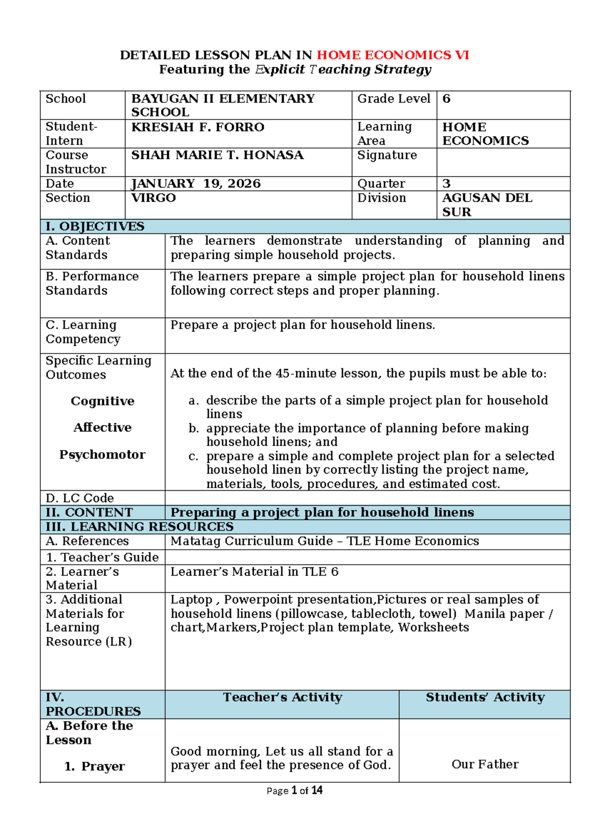 Detailed Lesson Plan for Home Economics VI: Project Planning for ...