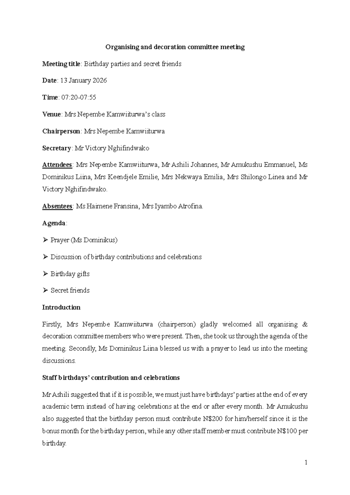 Organising Committee Meeting Notes: Birthday Parties & Secret Friends ...