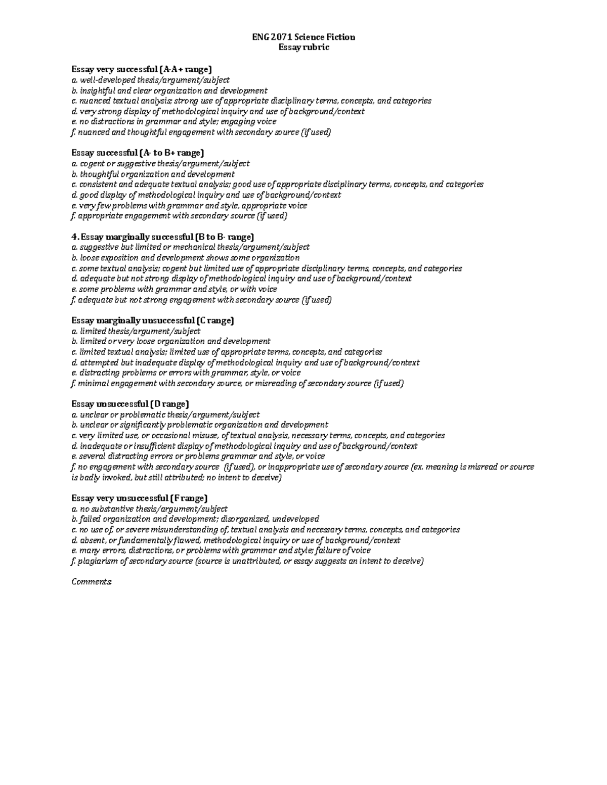 ENGLISH 2071 Science Fiction Essay Grading Rubric Guidelines - Studocu