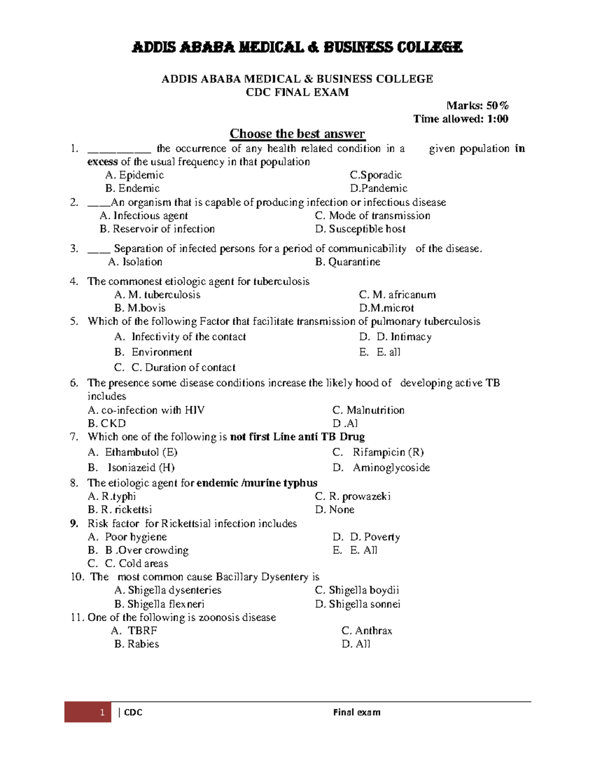 CDC Final Exam - Addis Ababa Medical & Business College - Studocu