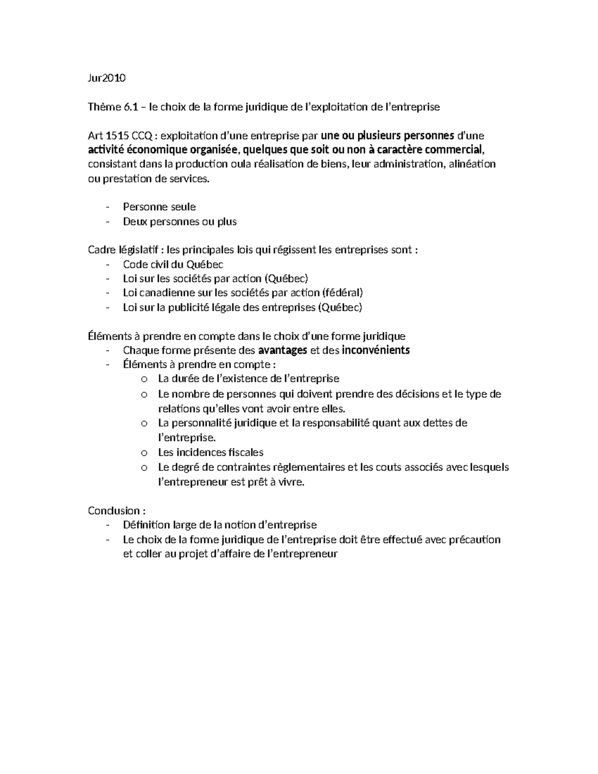 note de cour orh2010 - Jur Thème 6 – le choix de la forme juridique de ...