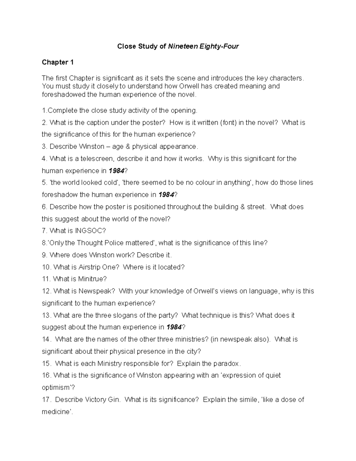 Close Study of 1984 Chapter 1: Key Themes and Human Experience - Studocu