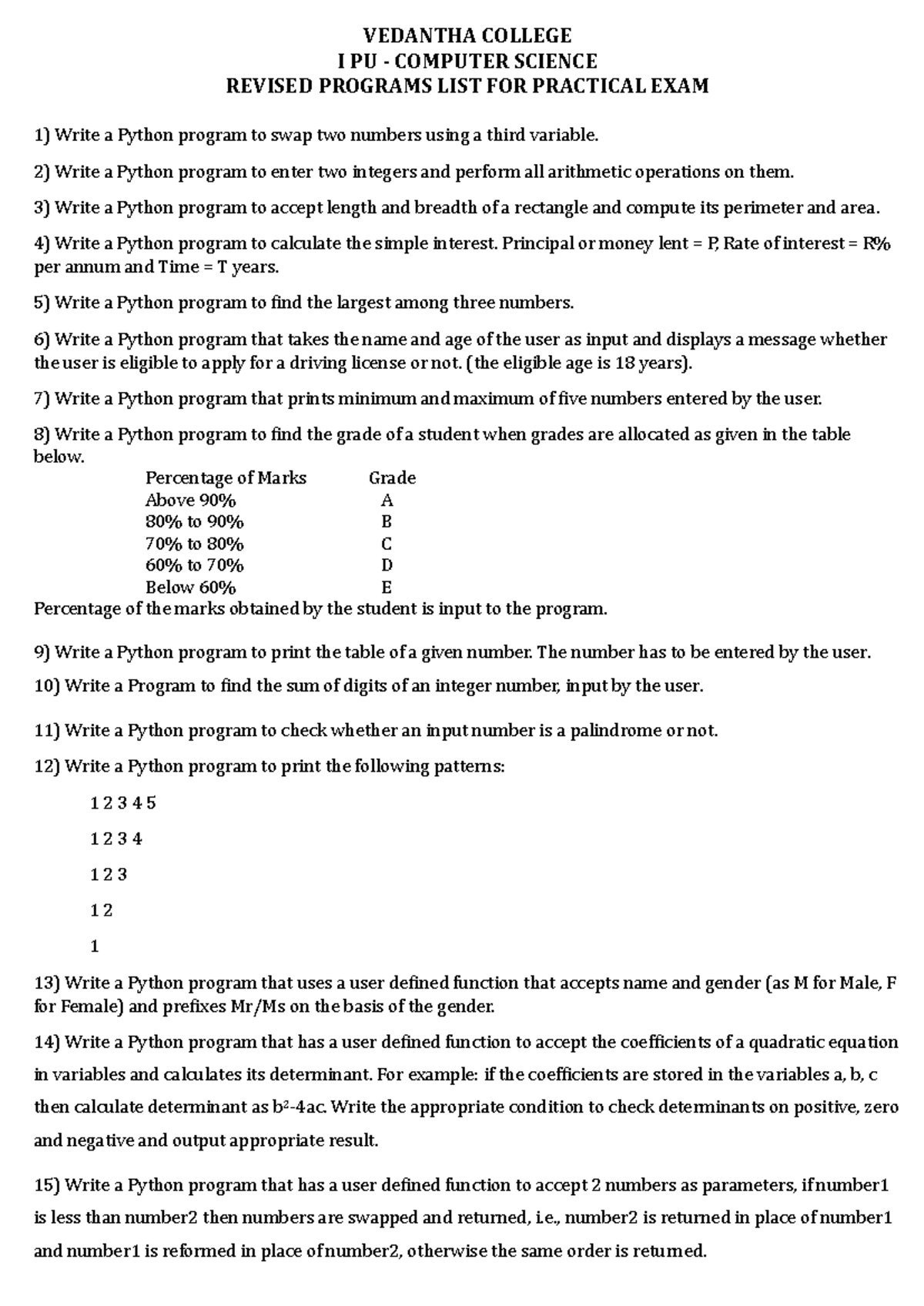 1st PU CS Final Practical Exam Programs List - Studocu