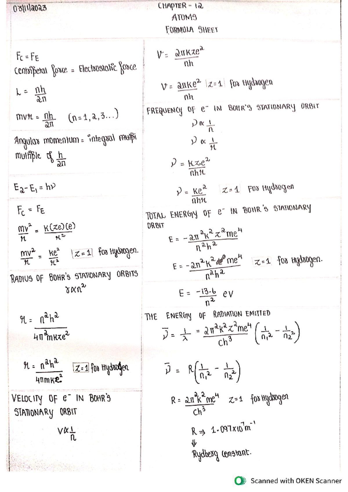 ATOMS CLASS 12 Quick Reference Formula Sheet - Studocu