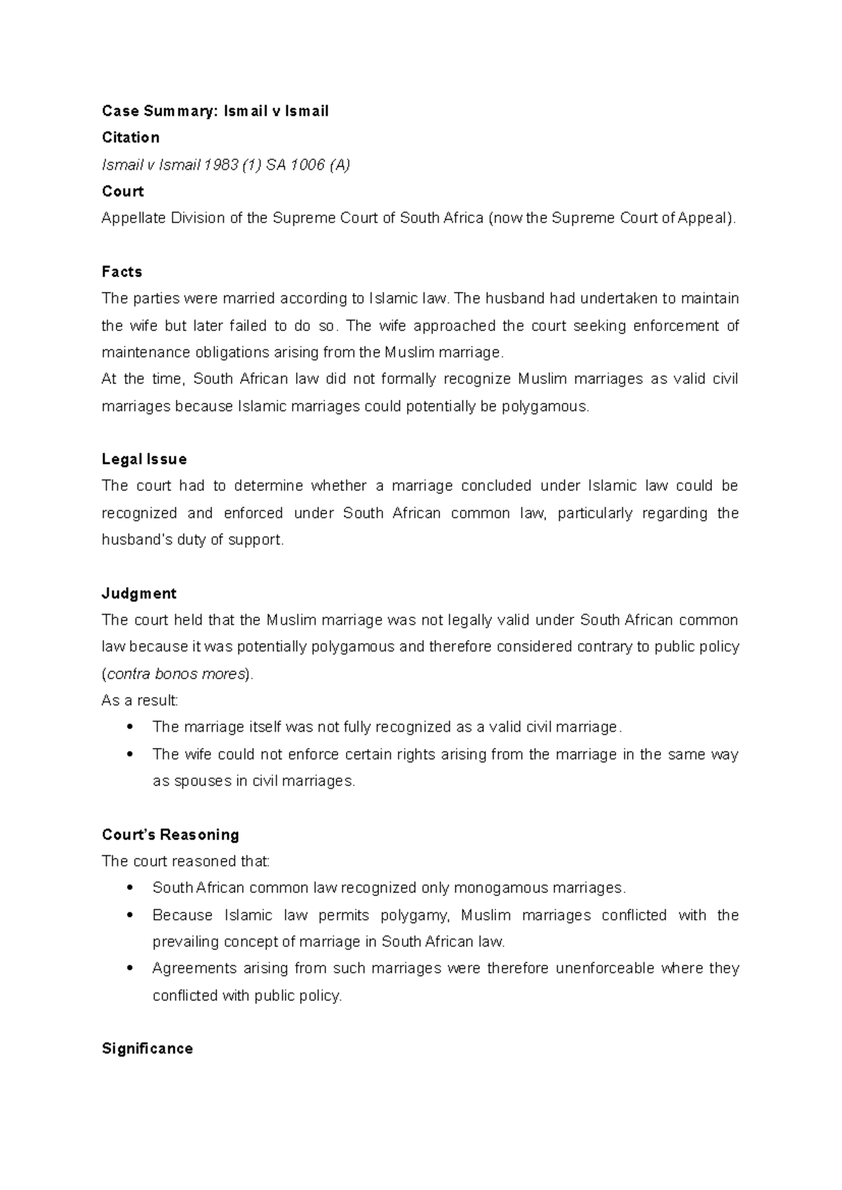 Case Summary: Ismail v Ismail (1983) - Islamic Marriage & Law - Studocu