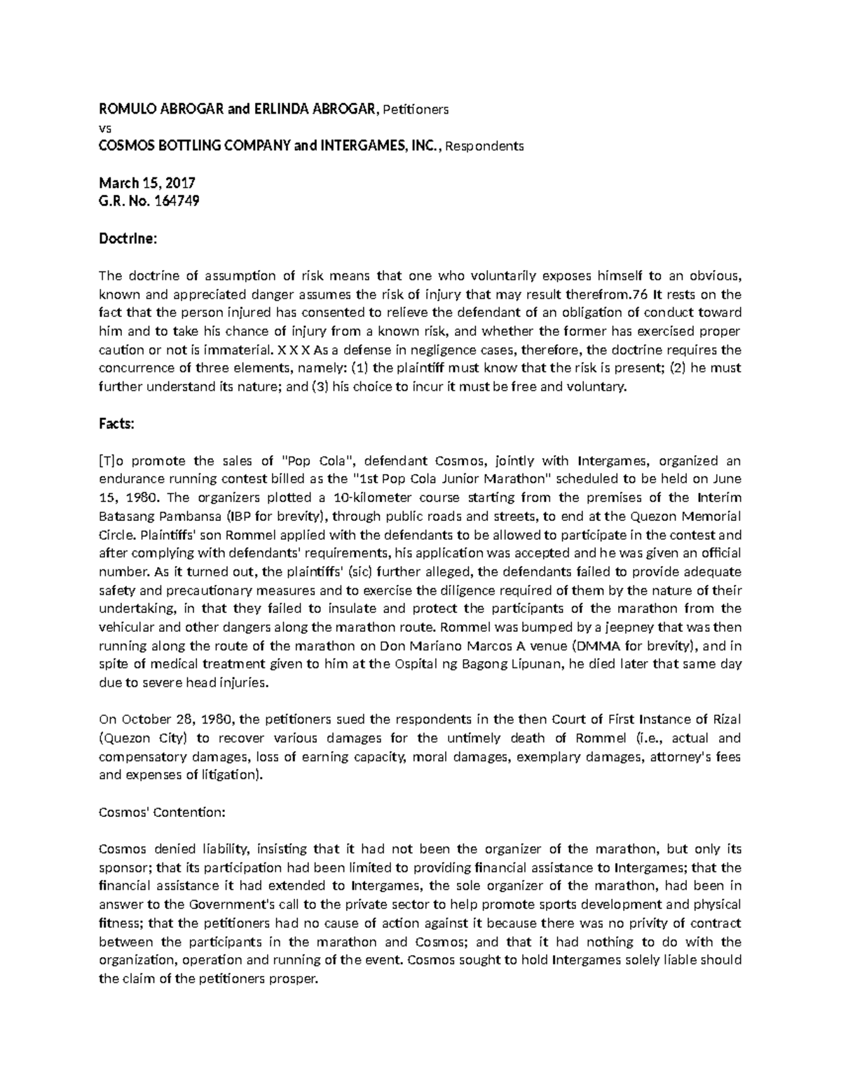 Abrogar v. Cosmos: Case Digest on Assumption of Risk Doctrine - Studocu