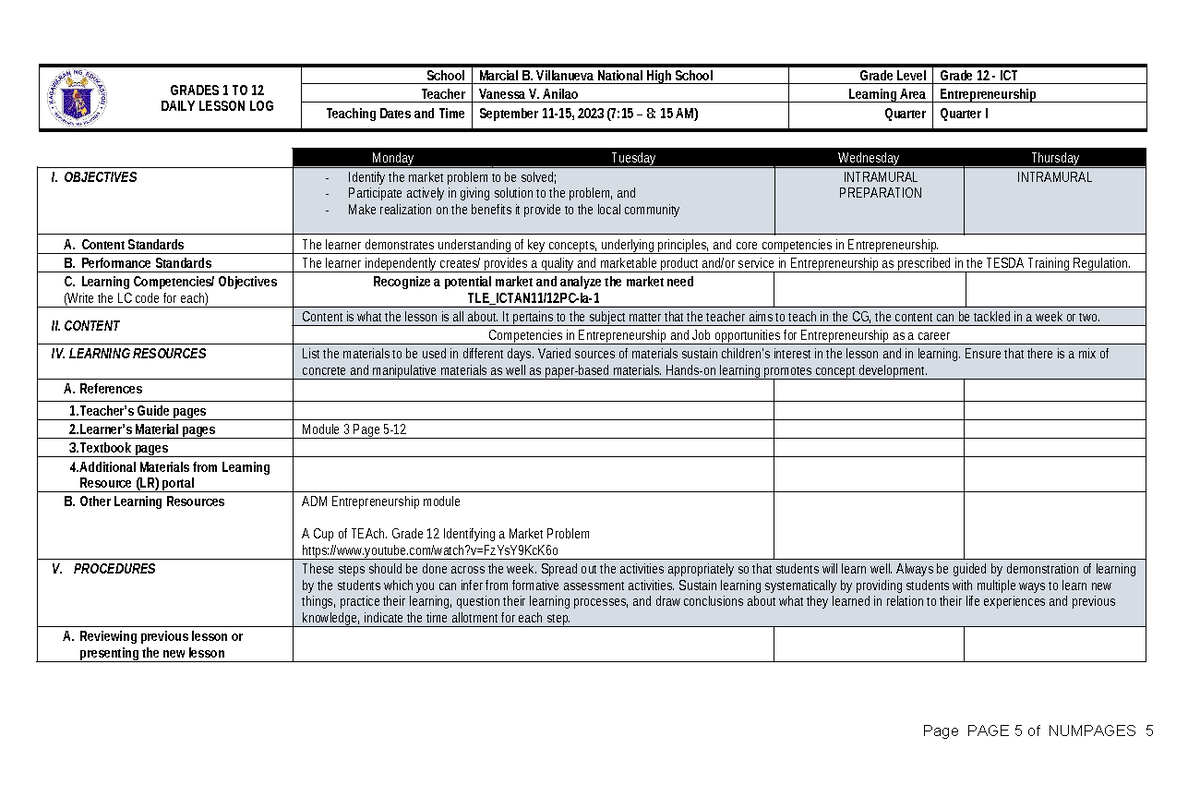 DLL - Grade 12 Entrepreneurship Daily Lesson Log (Week 3) - Studocu