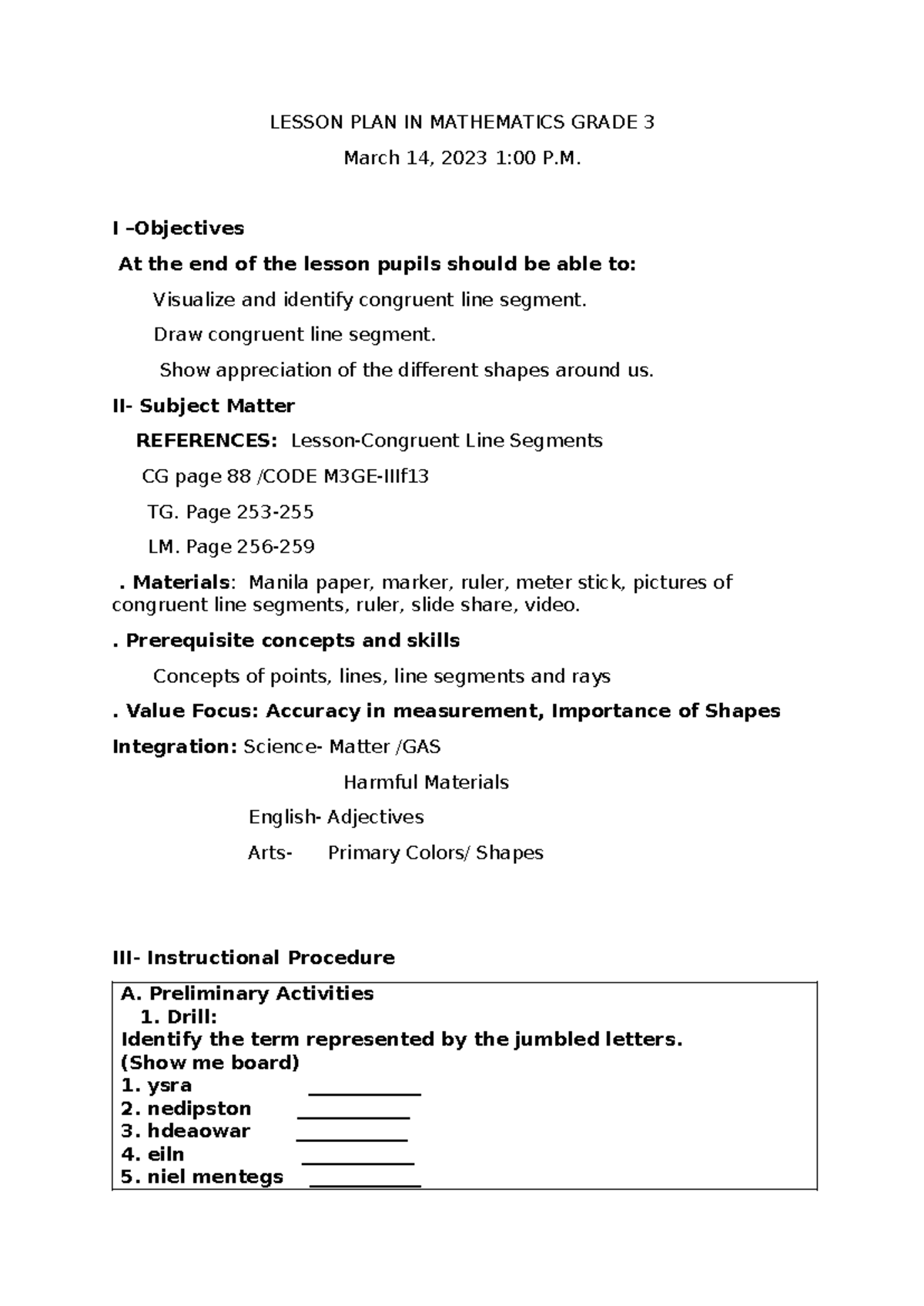 Lesson Plan: Grade 3 Math on Congruent Line Segments (W6) - Studocu