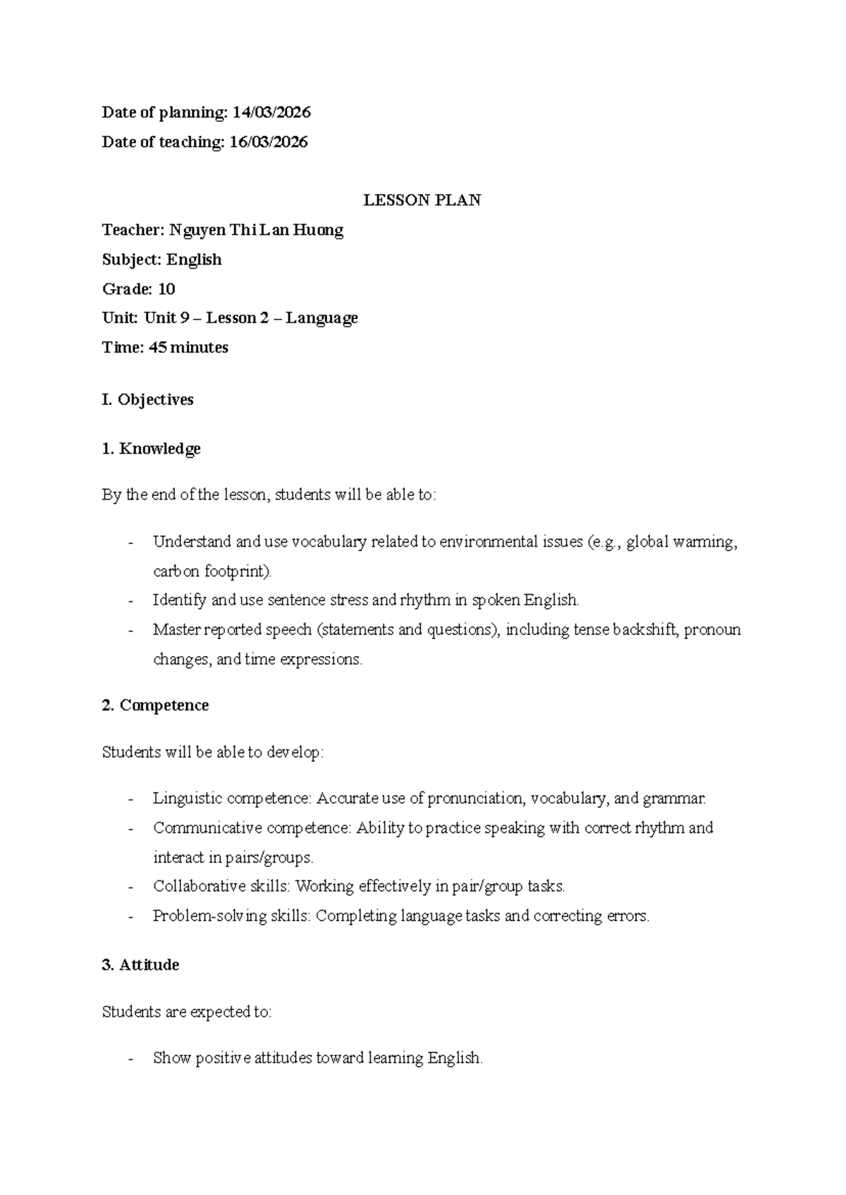 GIÁO ÁN BÀI DẠY 3: LESSON PLAN - ENGLISH 10, UNIT 9, LESSON 2 - Studocu
