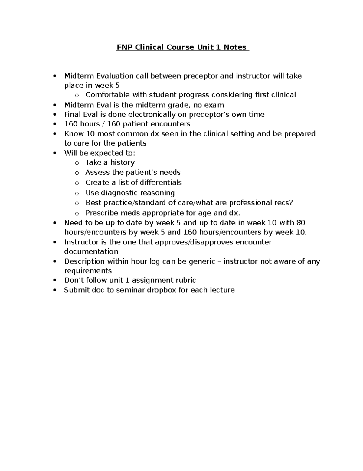 FNP Clinical Course Unit 1 Midterm Evaluation Notes - Studocu