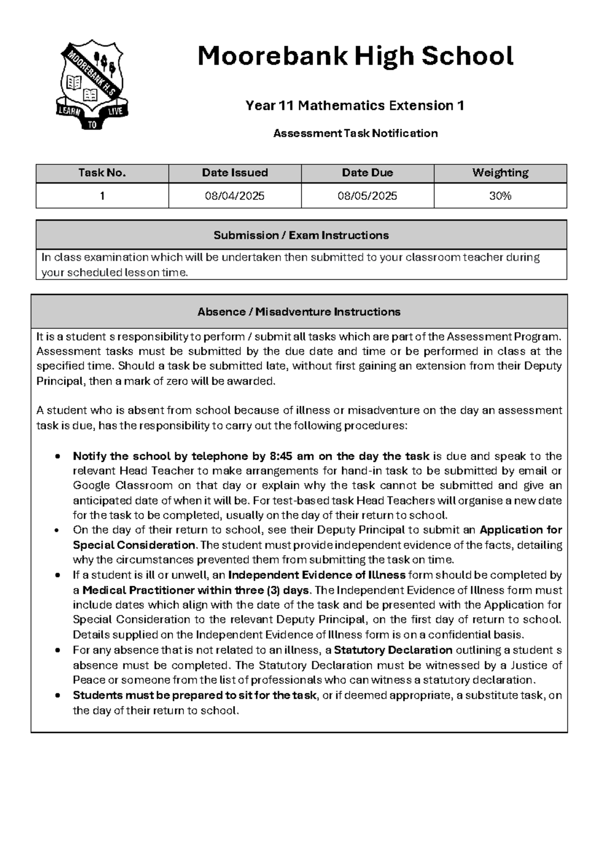 2025 Year 11 Maths Ext 1 Assessment Task 1 Notification 2 - Moorebank ...