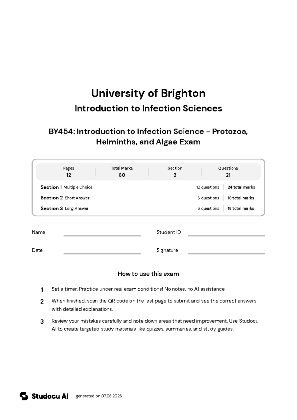 BY454: Infection Science Exam on Protozoa and Helminths - Studocu
