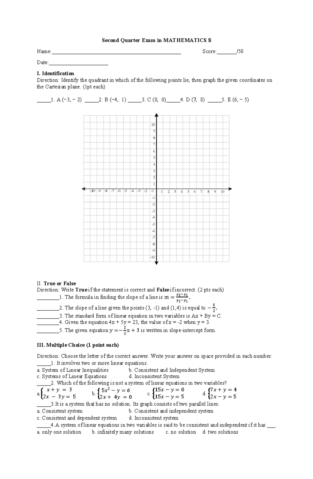 MATHEMATICS 8 2nd Quarter Exam Review and Practice Questions - Studocu