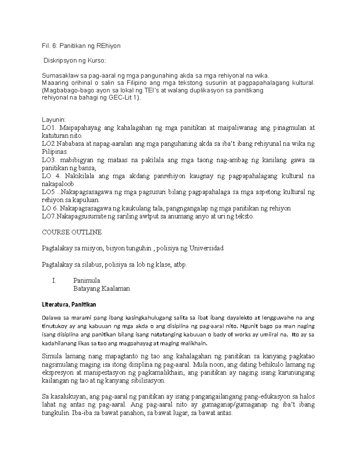 Fil. 6: Panitikan ng Rehiyon - Midterm Study Notes at Pagsusuri - Studocu