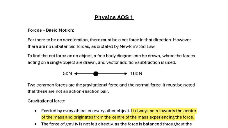 Physics AOS 1 Comprehensive Notes on Forces and Motion Concepts - Studocu