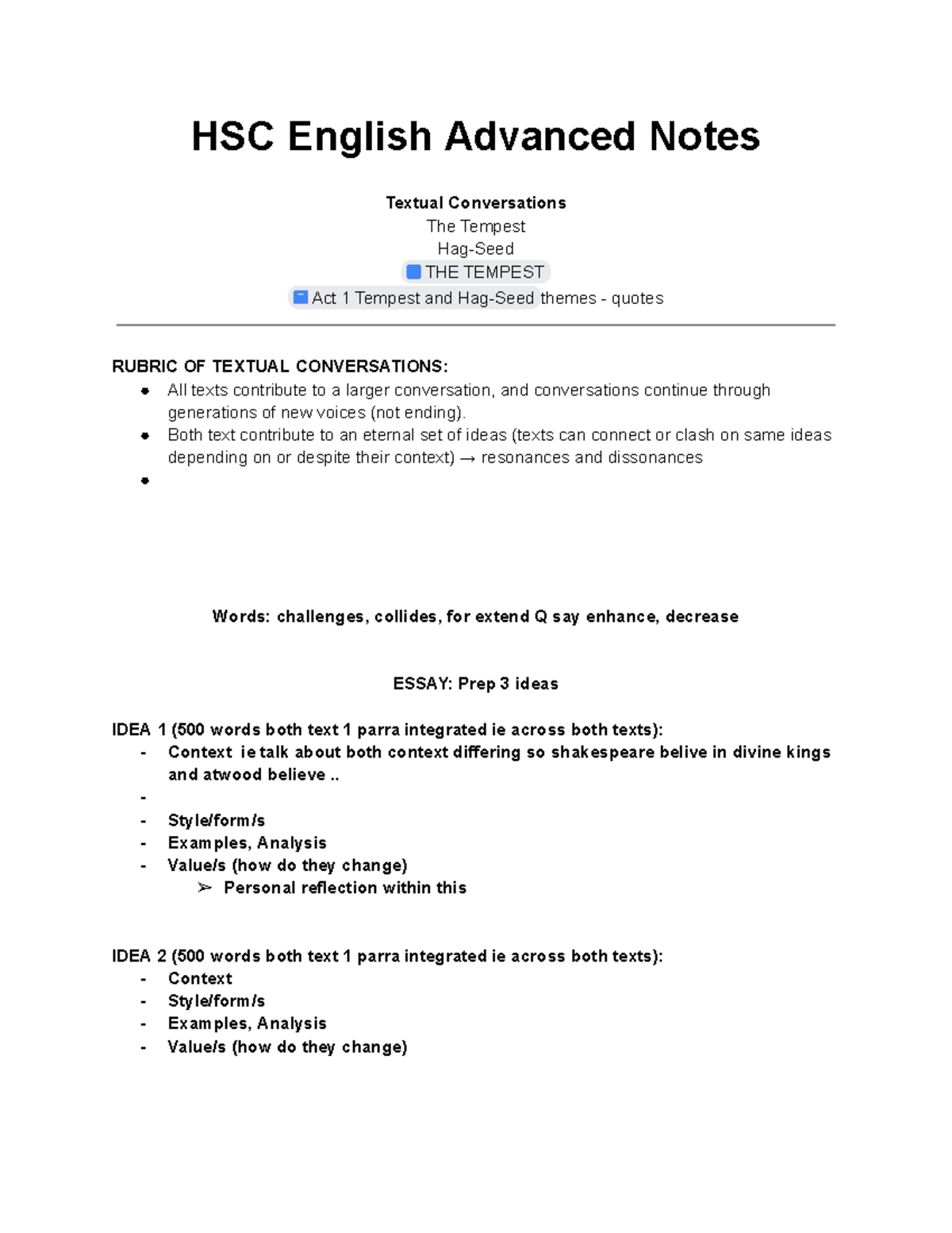 HSC English Advanced Notes: Textual Conversations on The Tempest and ...