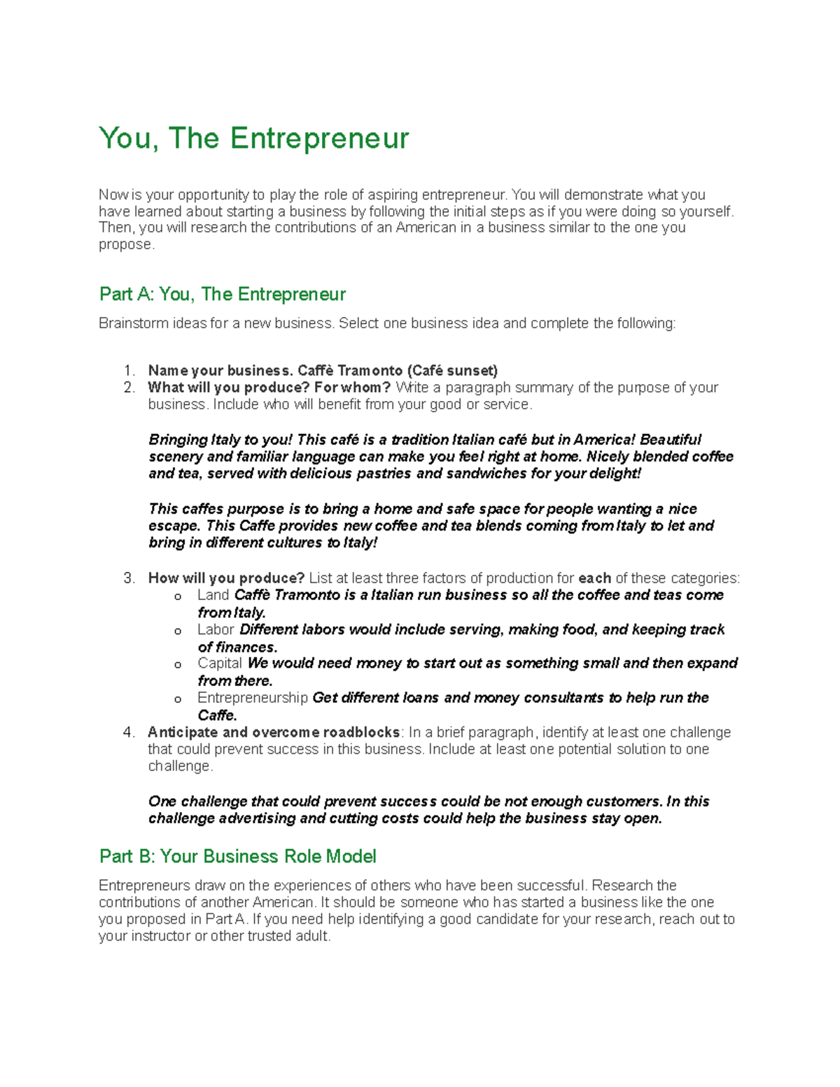 You as an Entrepreneur: Business Proposal and Role Model Analysis - Studocu