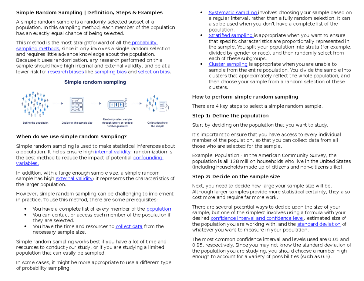 Simple Random Sampling: Task & Sample Size Calculation Guide - Studocu