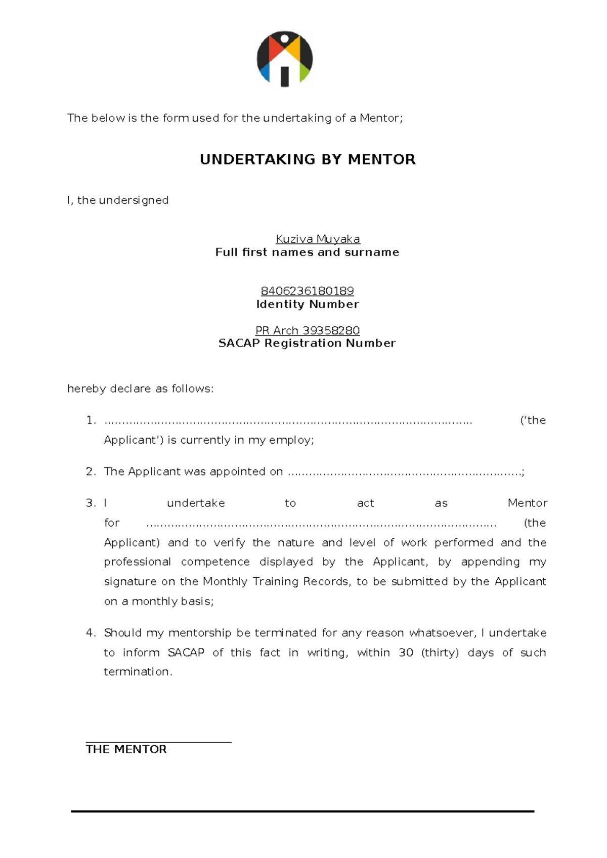 00159865 kj - SACAP Mentor Undertaking Form Notes - Studocu