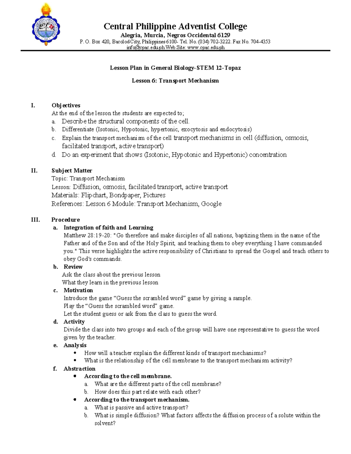 STEM 12 - Topaz: Lesson Plan on Transport Mechanism in Biology - Studocu