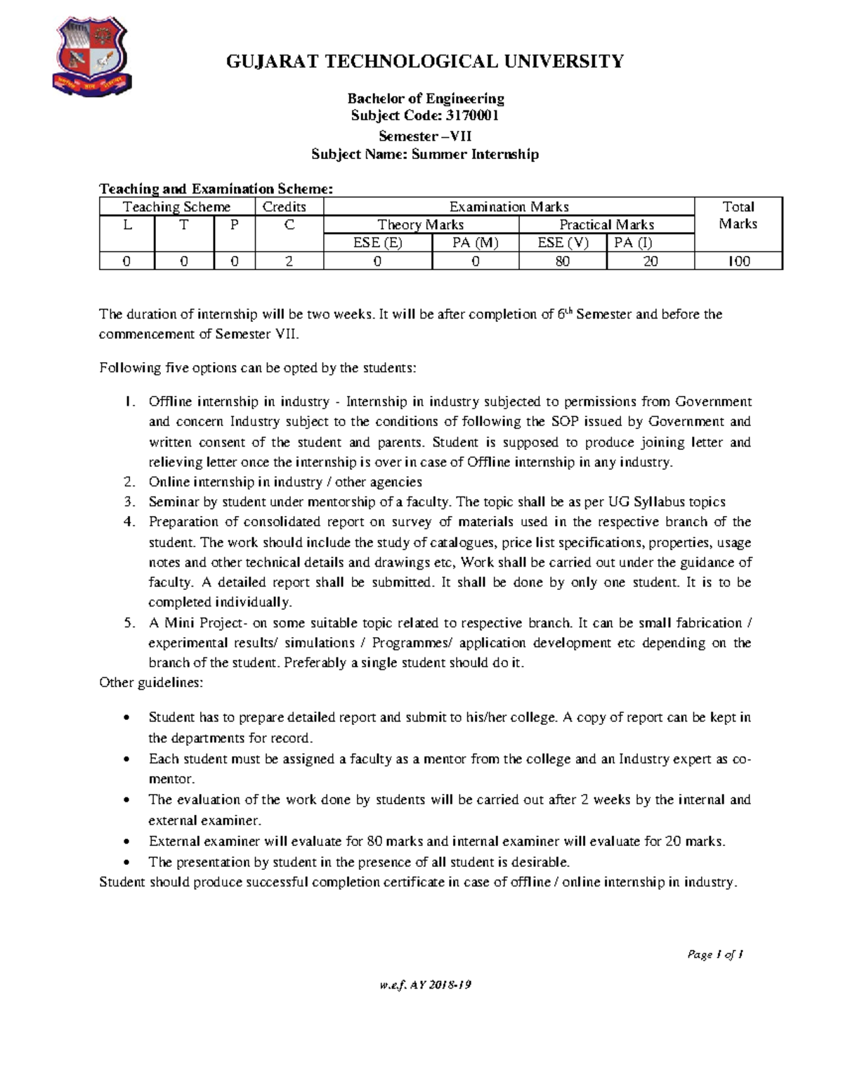 3170001 Summer Internship Guidelines and Evaluation Criteria - Studocu