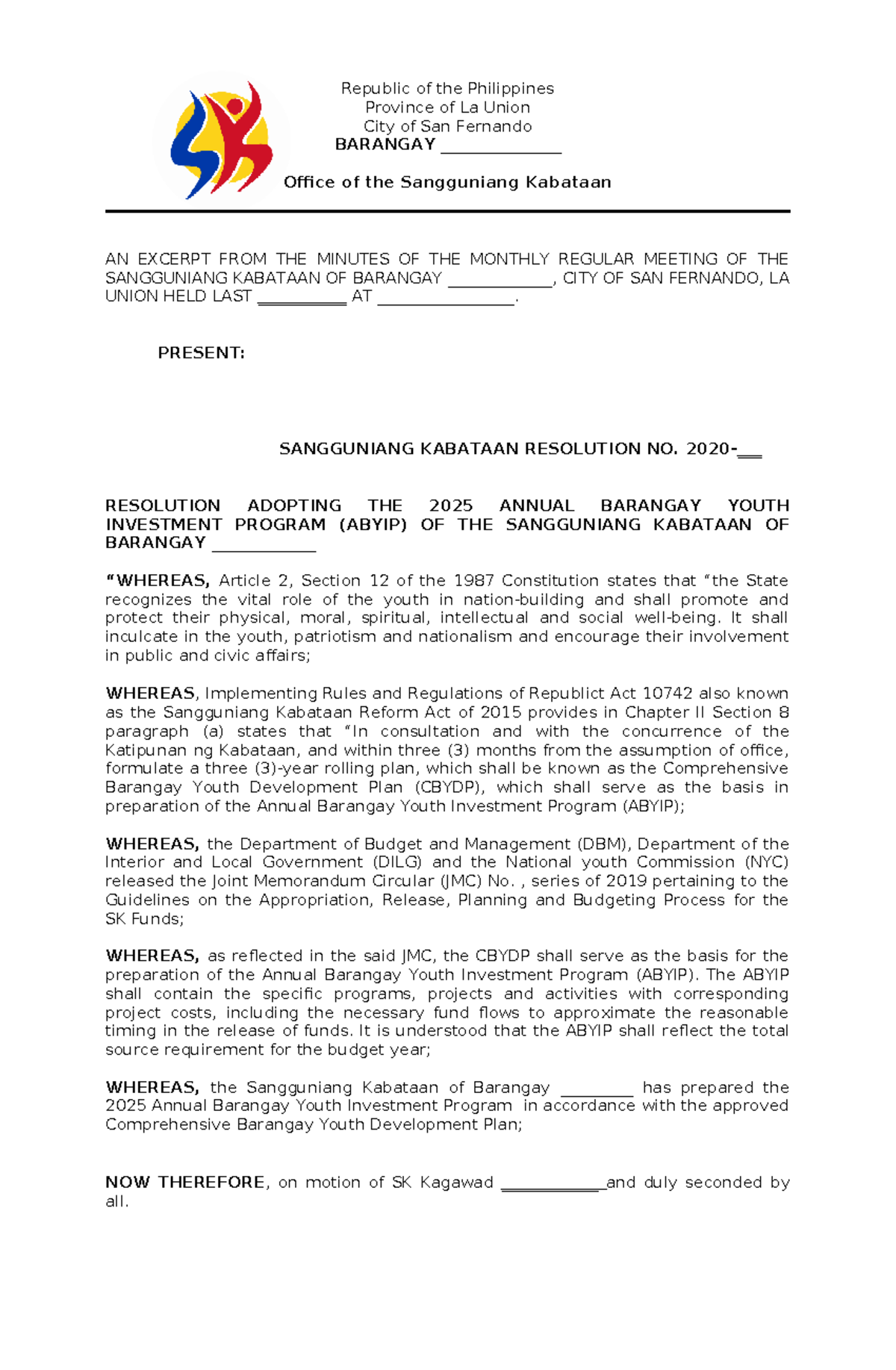 Sample reso adopting Abyip SK - Republic of the Philippines Province of ...