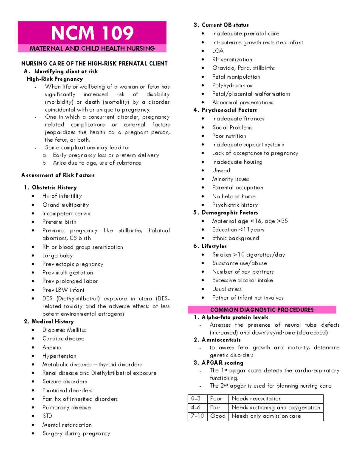 NCM 109 - Maternal and Child Health Nursing: Prenatal Client Care Guide ...
