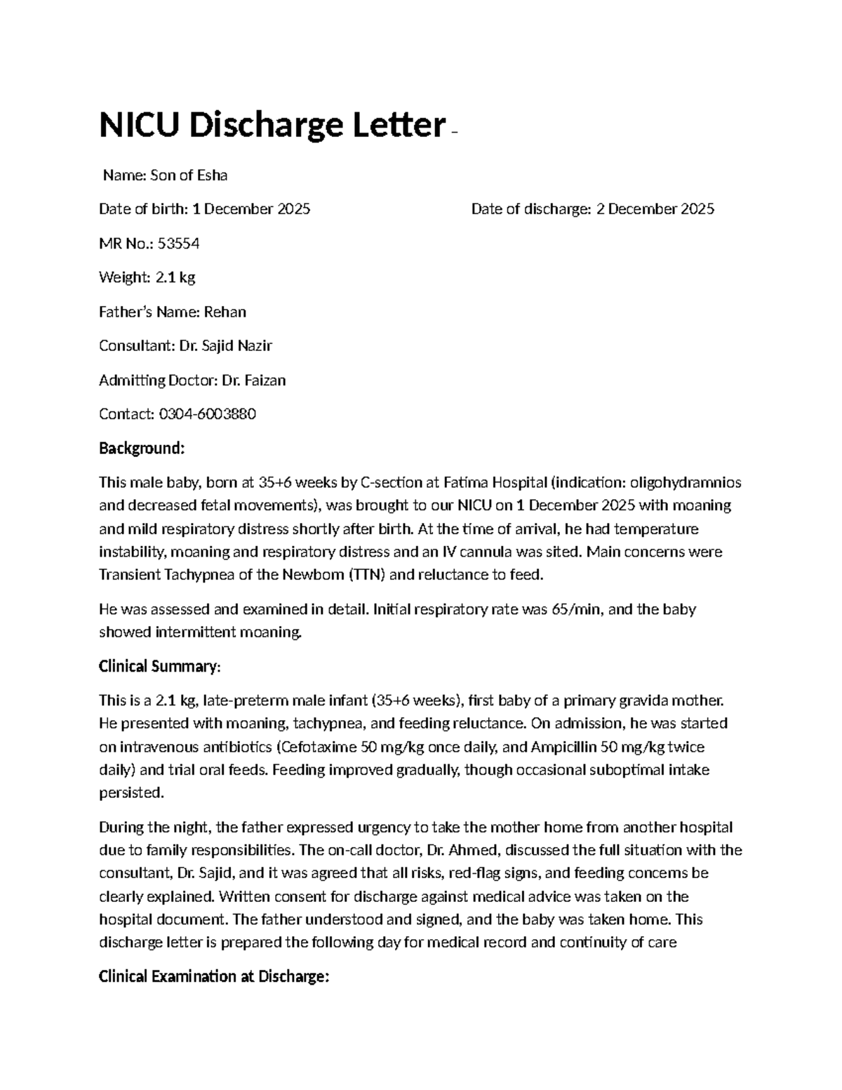 NICU Discharge Summary for Rehan - MR No. 53554 - Studocu