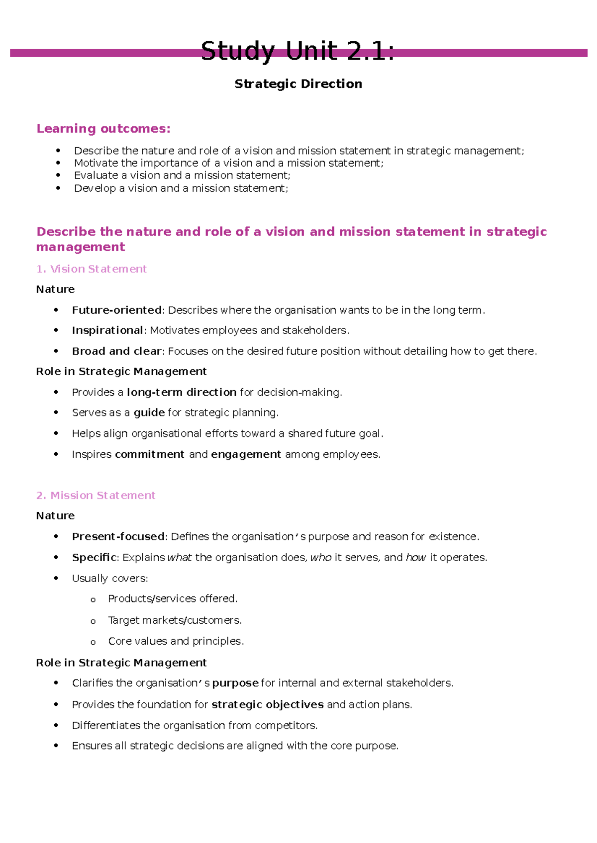Study Unit 2: Vision and Mission Statements in Strategic Management ...