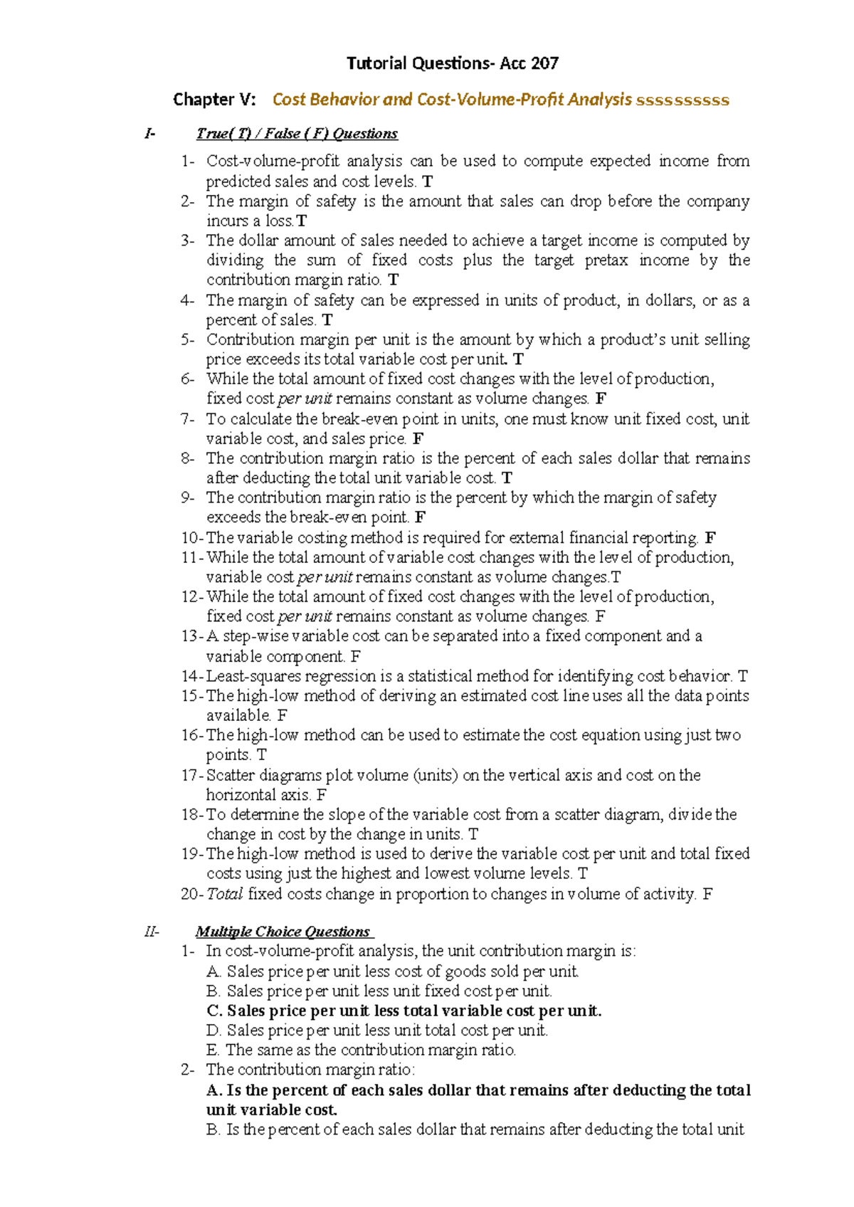 Acc 207 Tutorial: Chapter V Cost Behavior & Analysis Q&A - Studocu