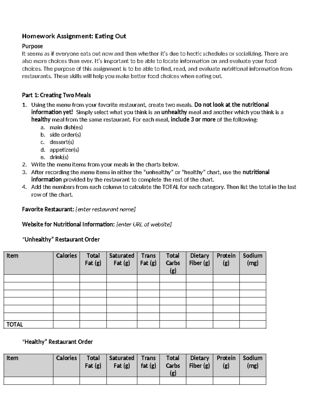 Homework Assignment: Evaluating Nutritional Choices When Eating Out ...