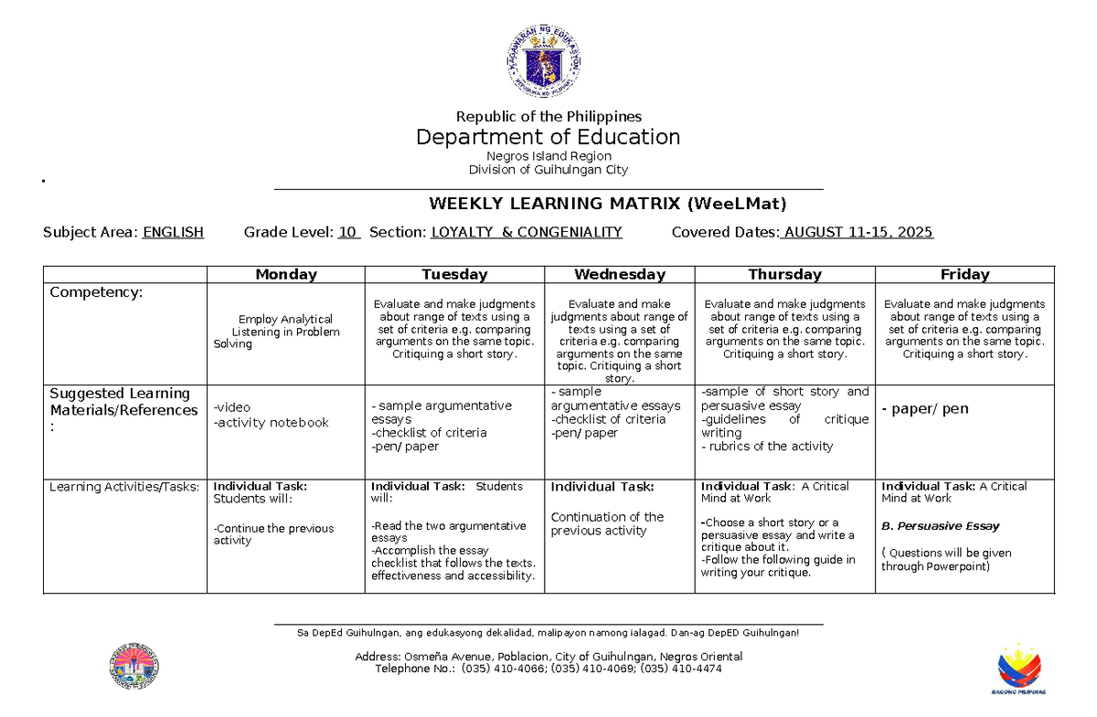 Grade 10 English Weekly Learning Matrix (WeeLMat) - Aug 11-15 - Studocu
