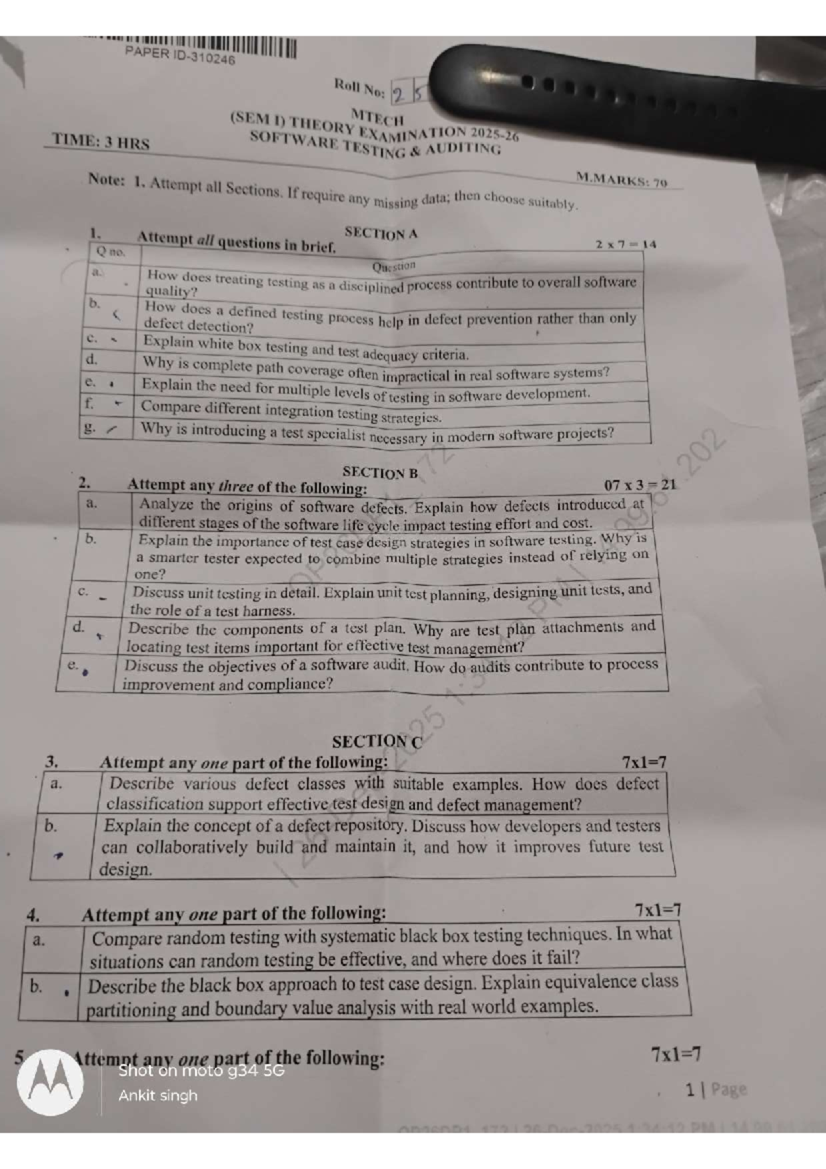MTECH SEM 1 Theory Exam: Software Testing & Auditing (Roll No: 25 ...