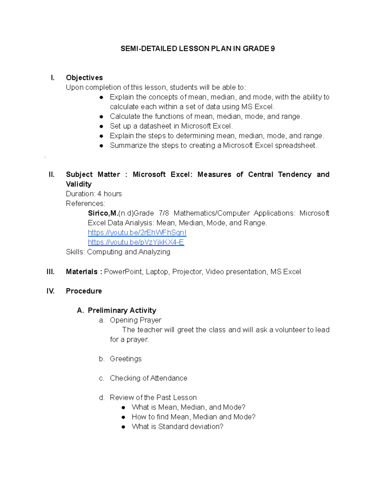 LP Excel - Lesson Plan - SEMI-DETAILED LESSON PLAN IN GRADE 9 I ...