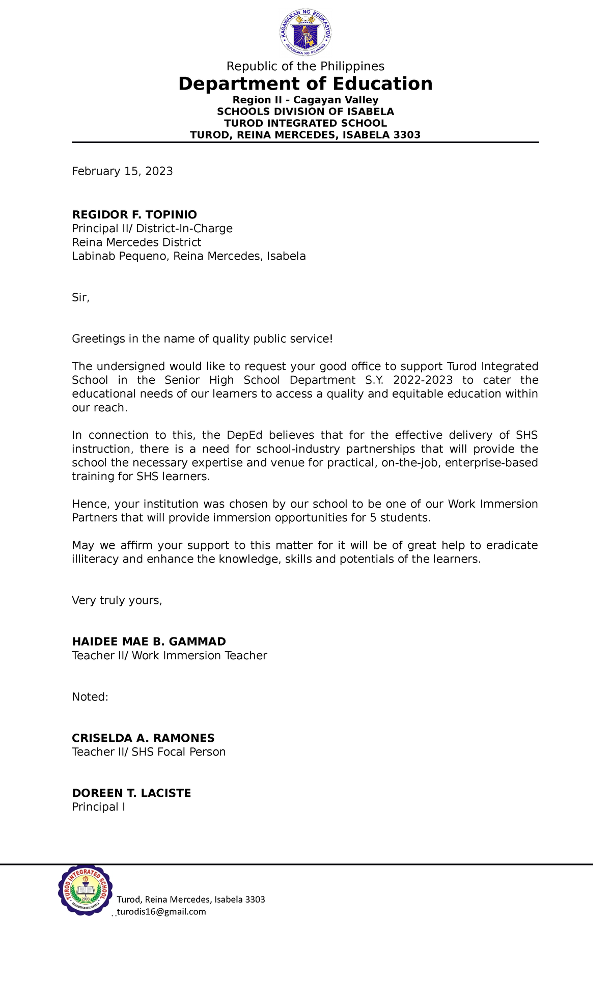 Letter-WI - Turod Int. School Work Immersion Approval Request - Studocu