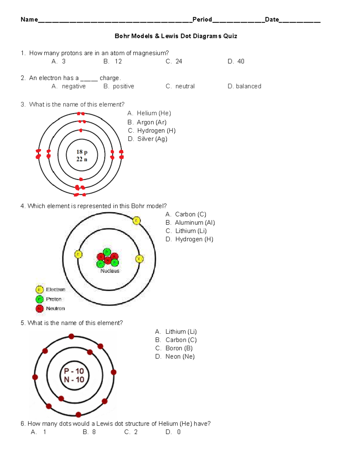 Bohr Models & Lewis Dot Diagrams Quiz 1 - Studocu